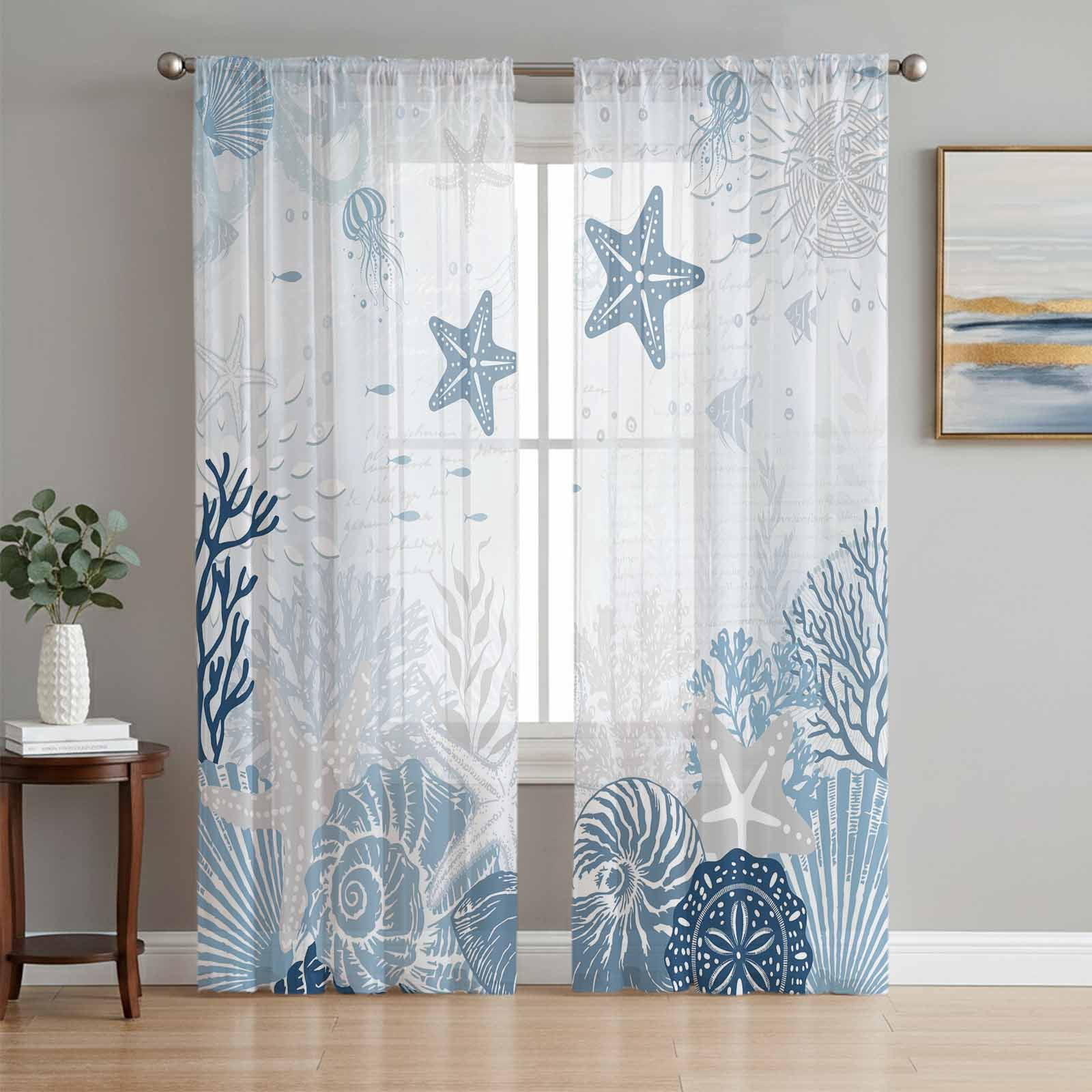 Blue Starfish Coastal Semi Sheer Curtains 72 Inch Length 2 Panels Set ...