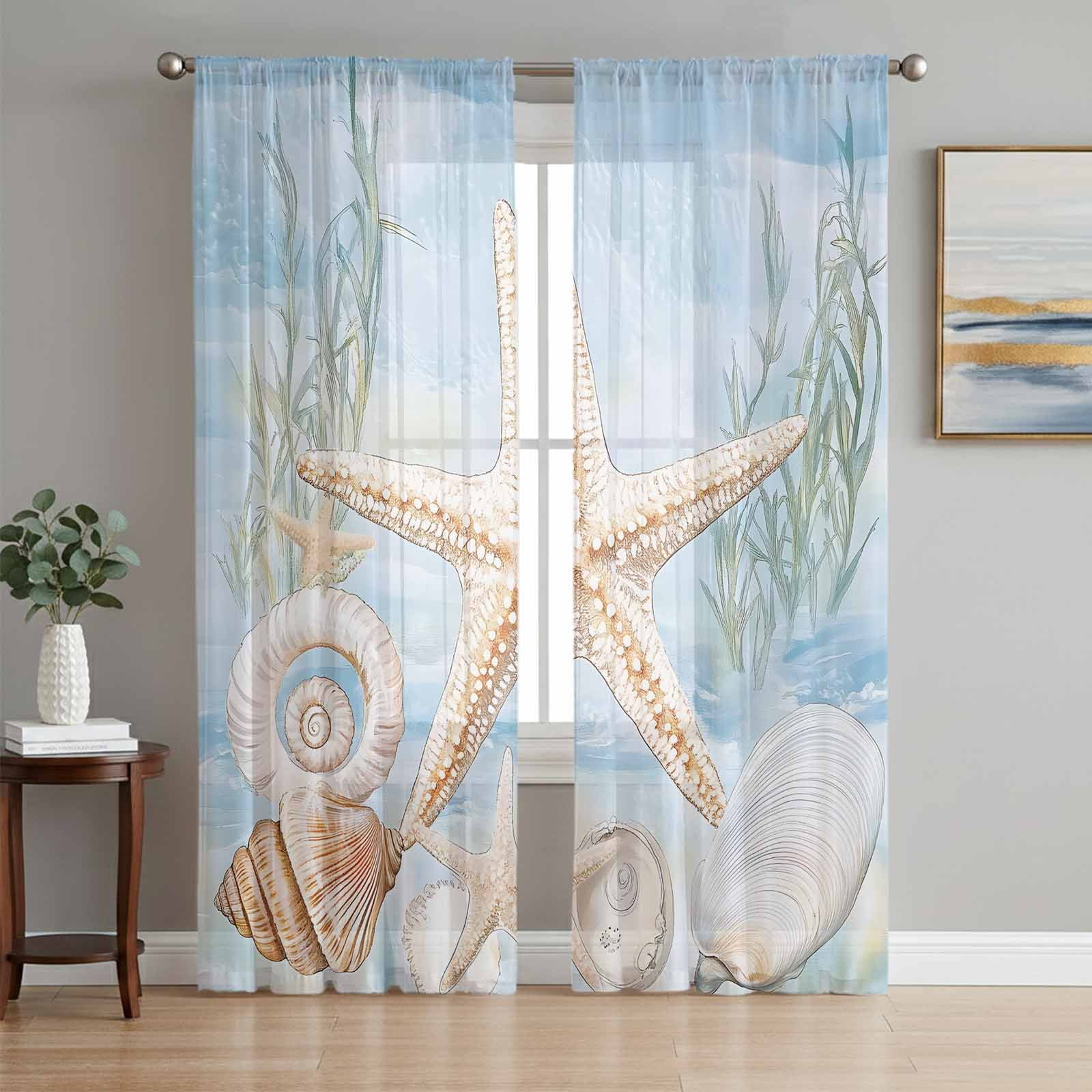 Blue Starfish Coastal Sheer Curtains 63 Inch Length 2 Panels Set ...