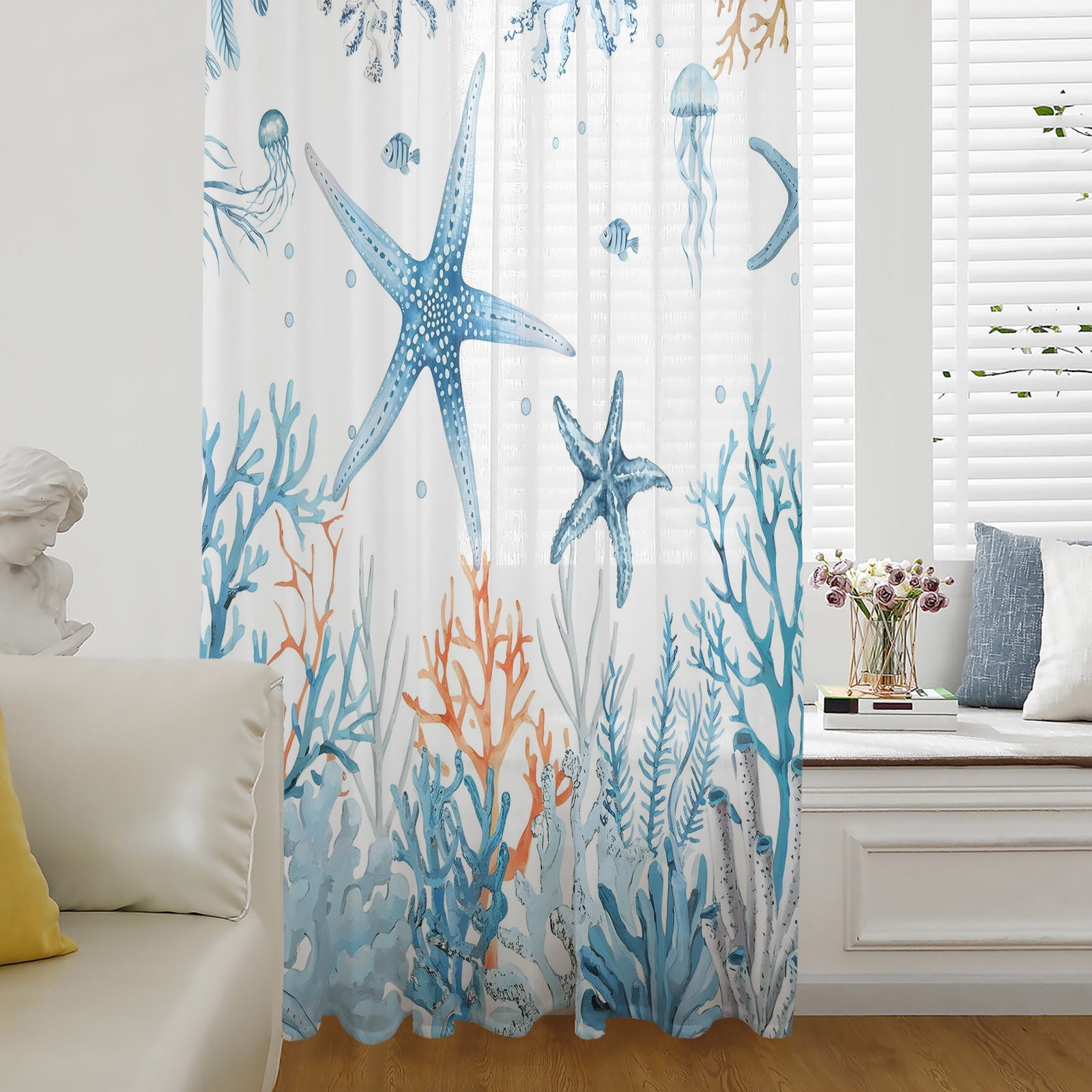 Blue Starfish Coastal Sheer Curtains 63 Inch Length, Light Filtering ...