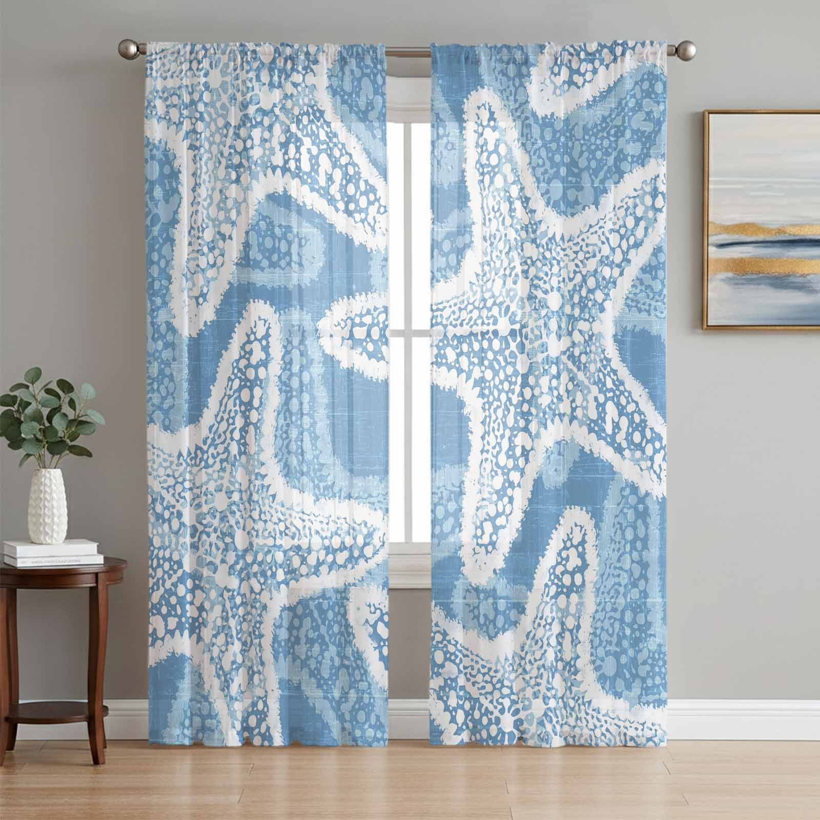 Blue Starfish Coastal Sheer Curtains for Living Room Bedroom Nautical ...