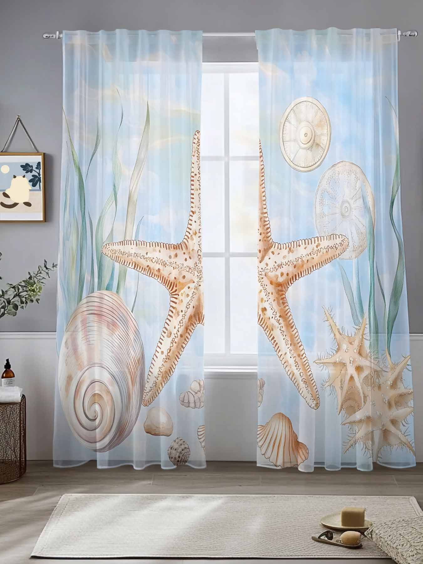 Blue Starfish Coastal Sheer Curtains for Living Room Bedroom Summer ...