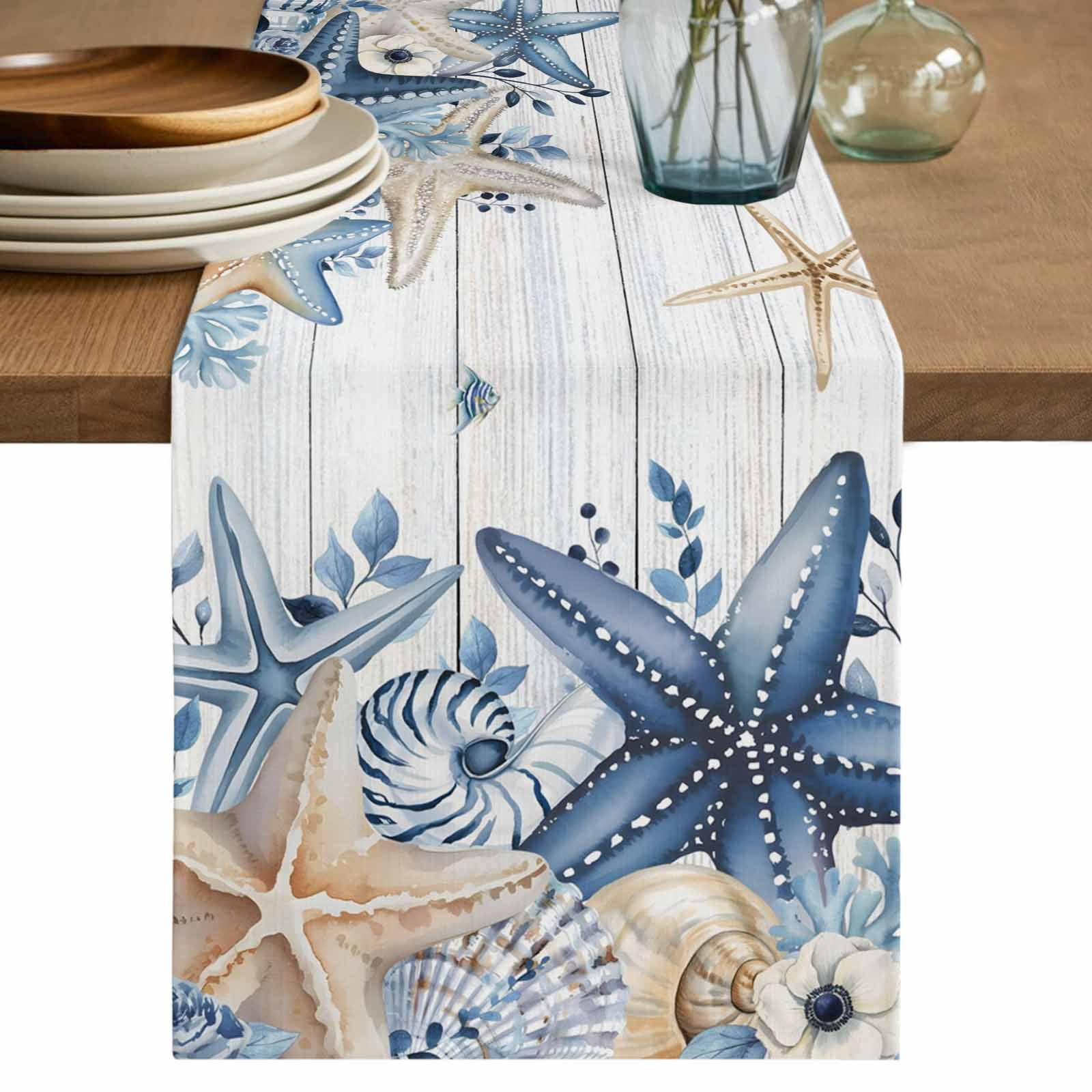 Blue Starfish Coastal Table Runner 72 Inches, Eucalyptus Summer ...