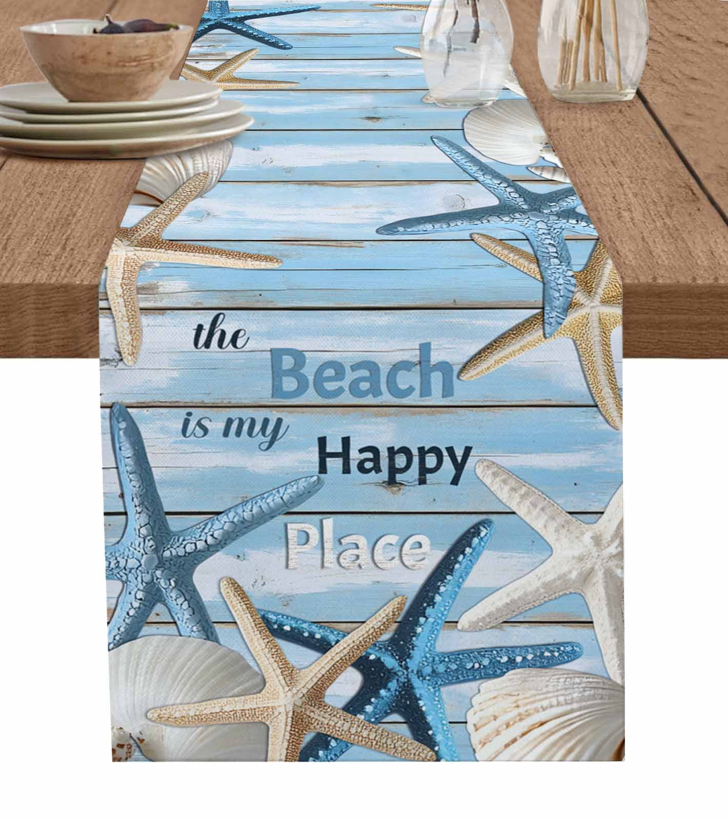 Blue Starfish Coastal Table Runner 72 Inches, Nautical Shell Summer ...