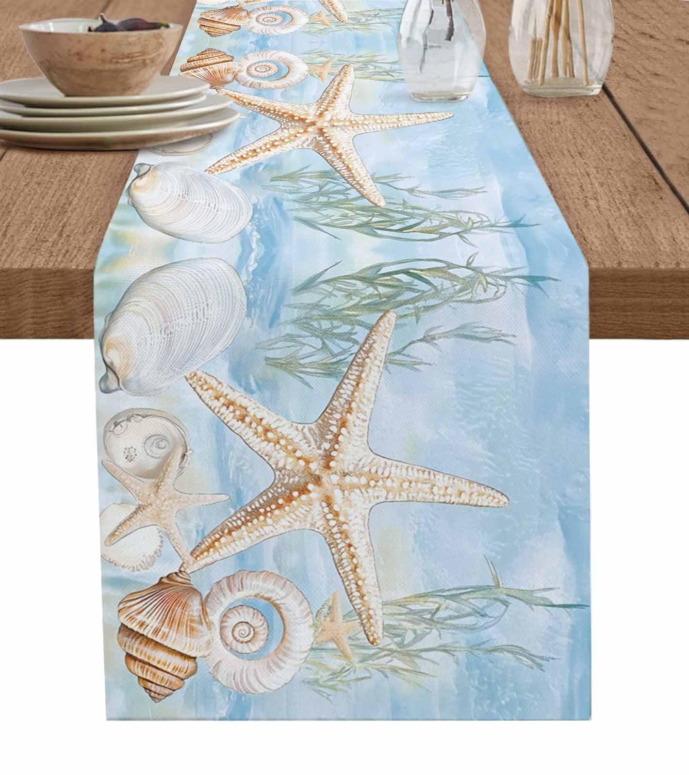 Blue Starfish Coastal Table Runner 72 Inches, Summer Beach Coral Shell ...