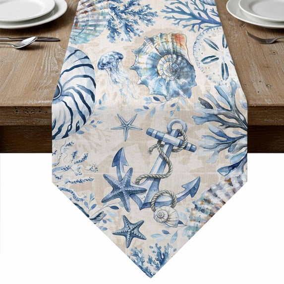Blue Starfish Coastal Table Runner Linen Burlap Table Runner 108 Inches ...