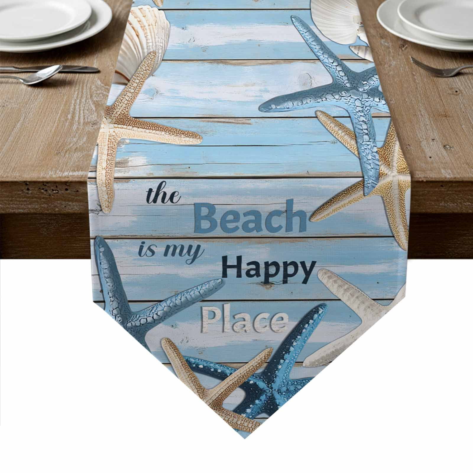 Blue Starfish Coastal Table Runner Linen Burlap Table Runner 90 Inches ...
