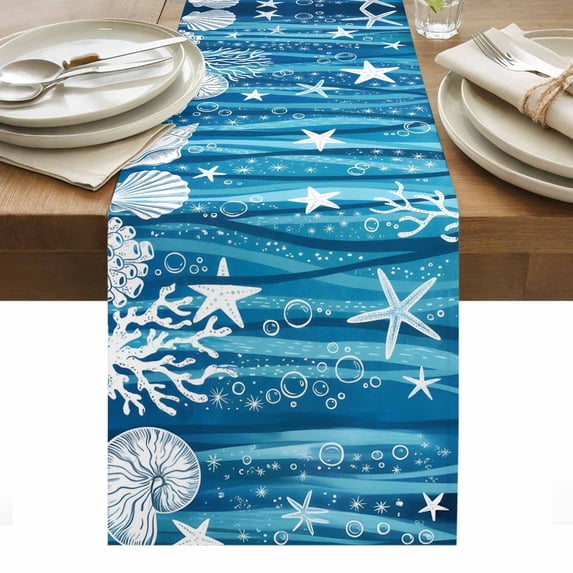 Blue Starfish Coastal Table Runner Nautical Shell Conch Ocean Sea ...