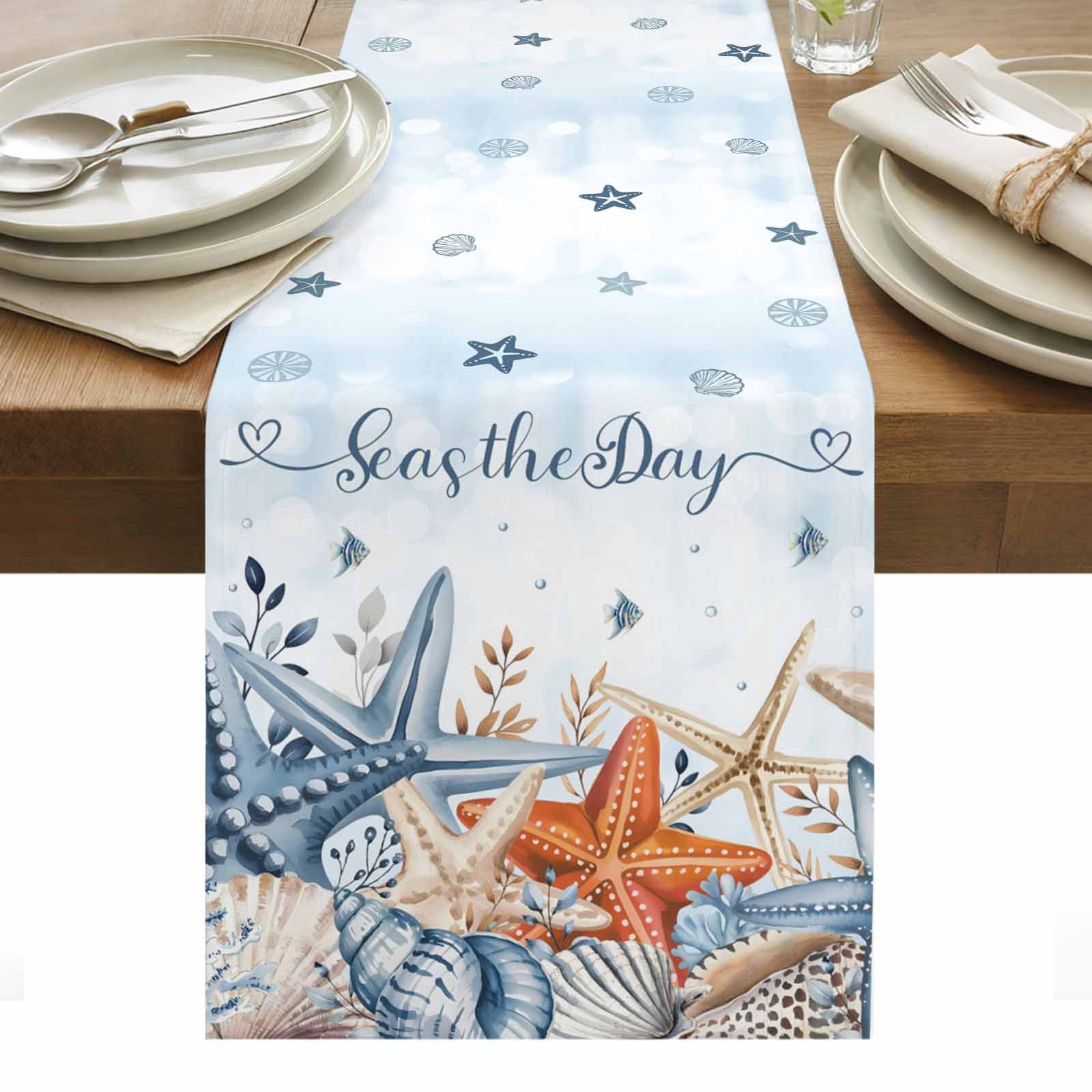 Blue Starfish Coastal Table Runner Nautical Shell Coral Botanical Ocean ...