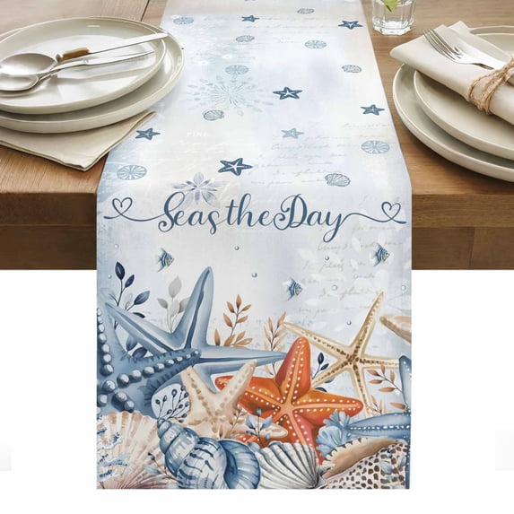 Blue Starfish Coastal Table Runner Nautical Shell Coral Botanical ...