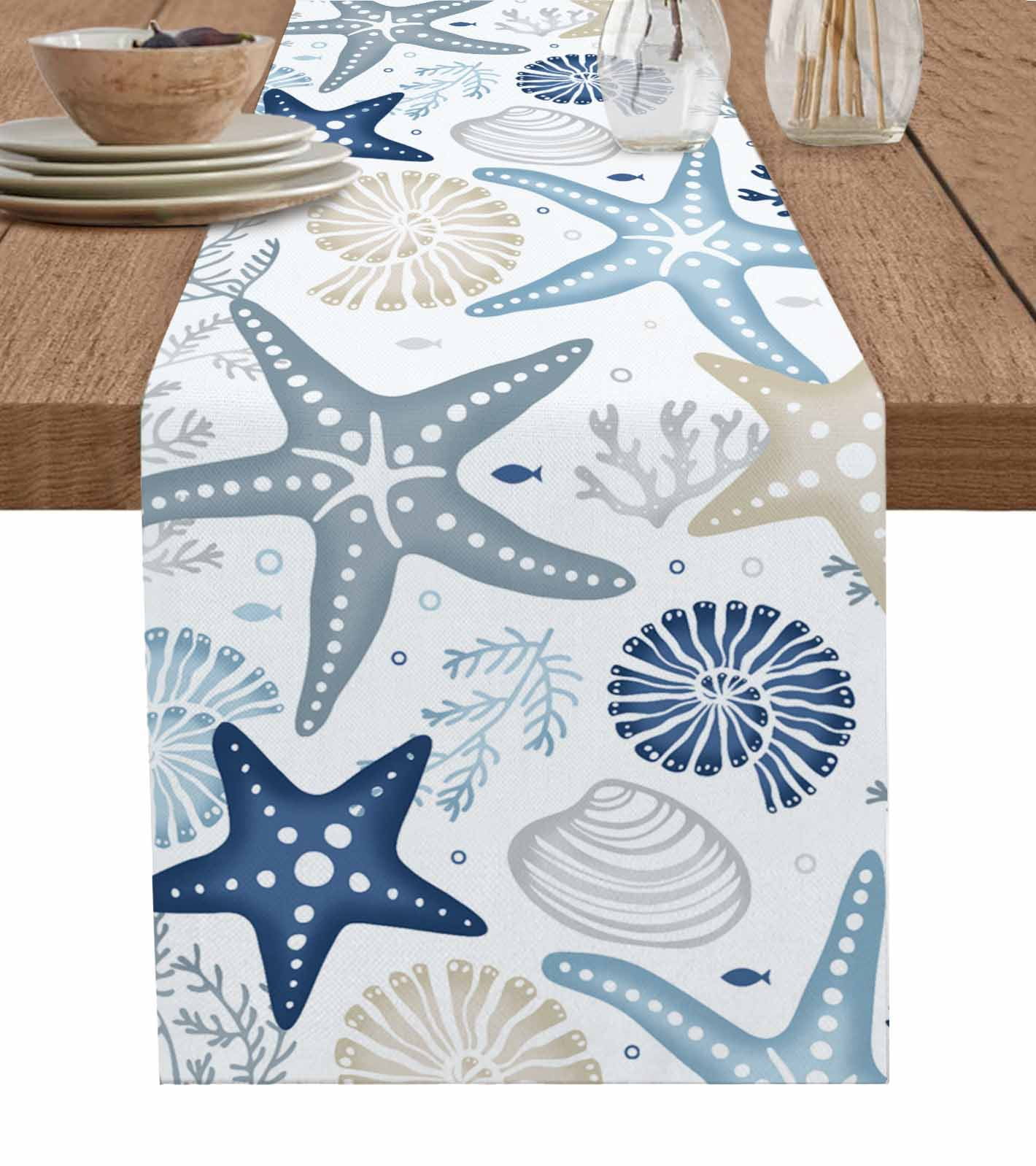 Blue Starfish Coastal Table Runner Summer Beach Nautical Coral Sea ...
