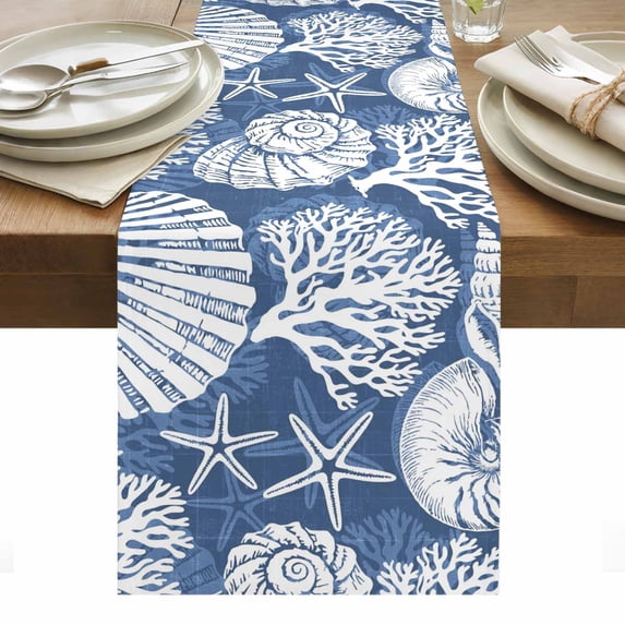Blue Starfish Coastal Table Runner Summer Coral Shell Beach Nautical ...