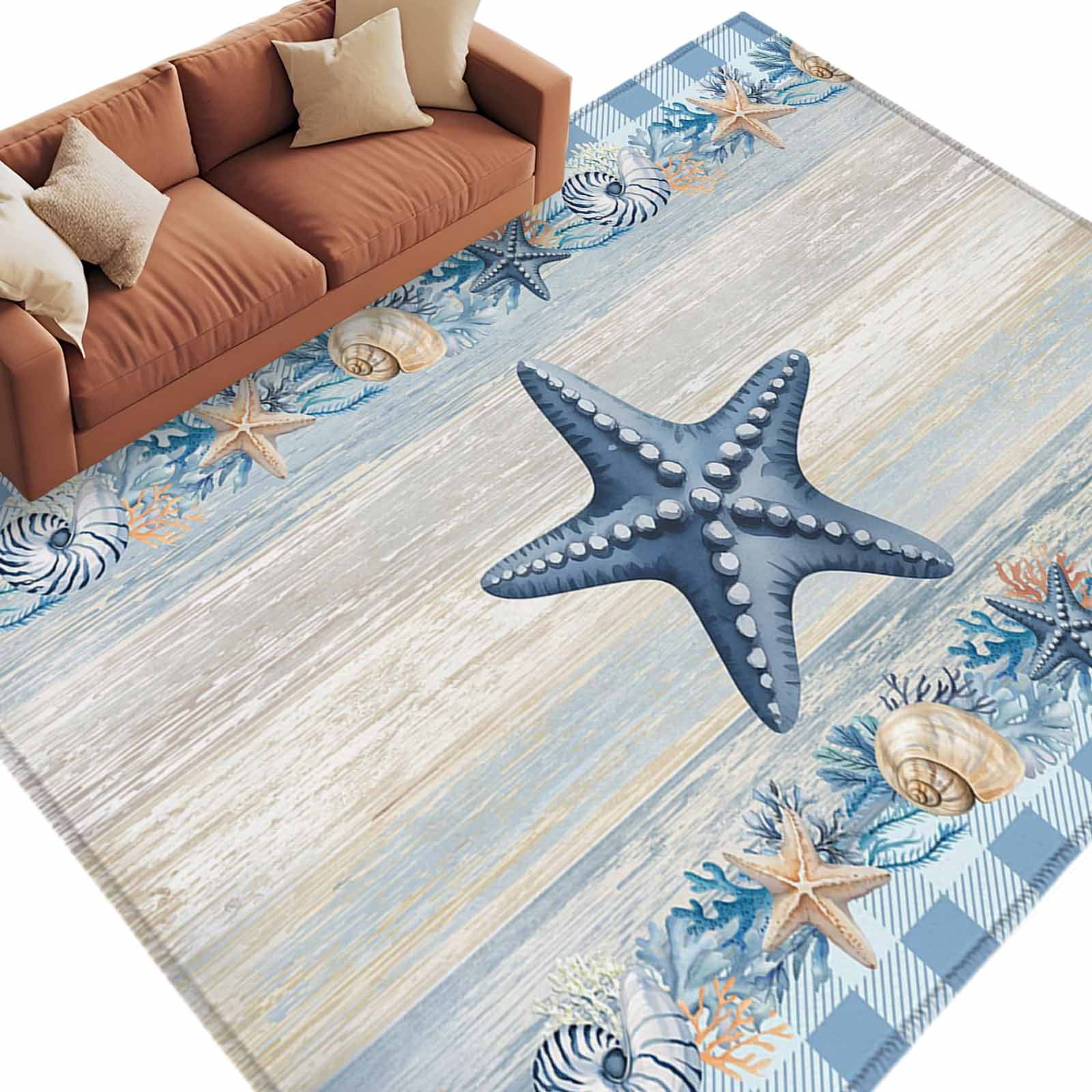 Blue Starfish Coastal Washable Living Room Rugs 5'x7', Summer Starfish ...