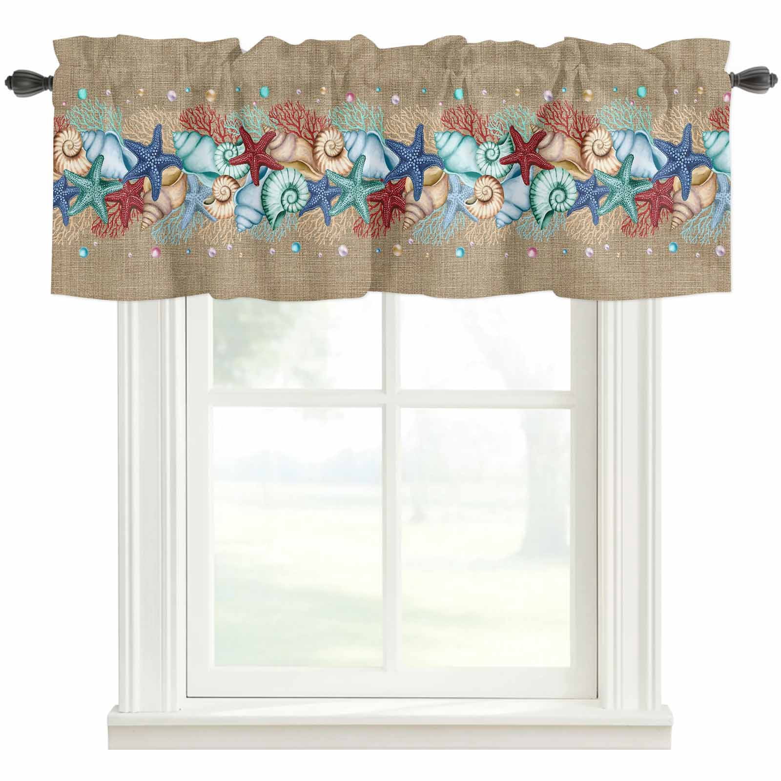 Blue Starfish Conch Rod Pocket Curtain Valance, Ocean Coral Summer ...