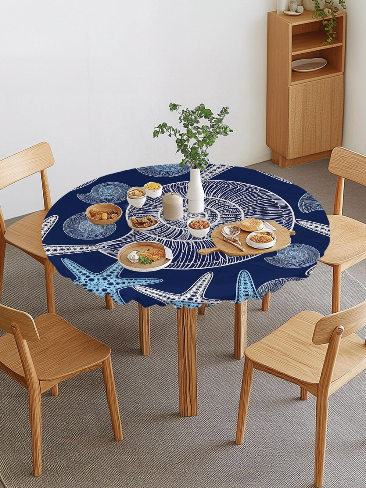 Blue Starfish Conch Round Fitted Tablecloth with Elastic Edge, Boho ...