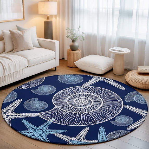 Blue Starfish Conch Washable Round Area Rug 4 ft, Boho Summer Blue ...