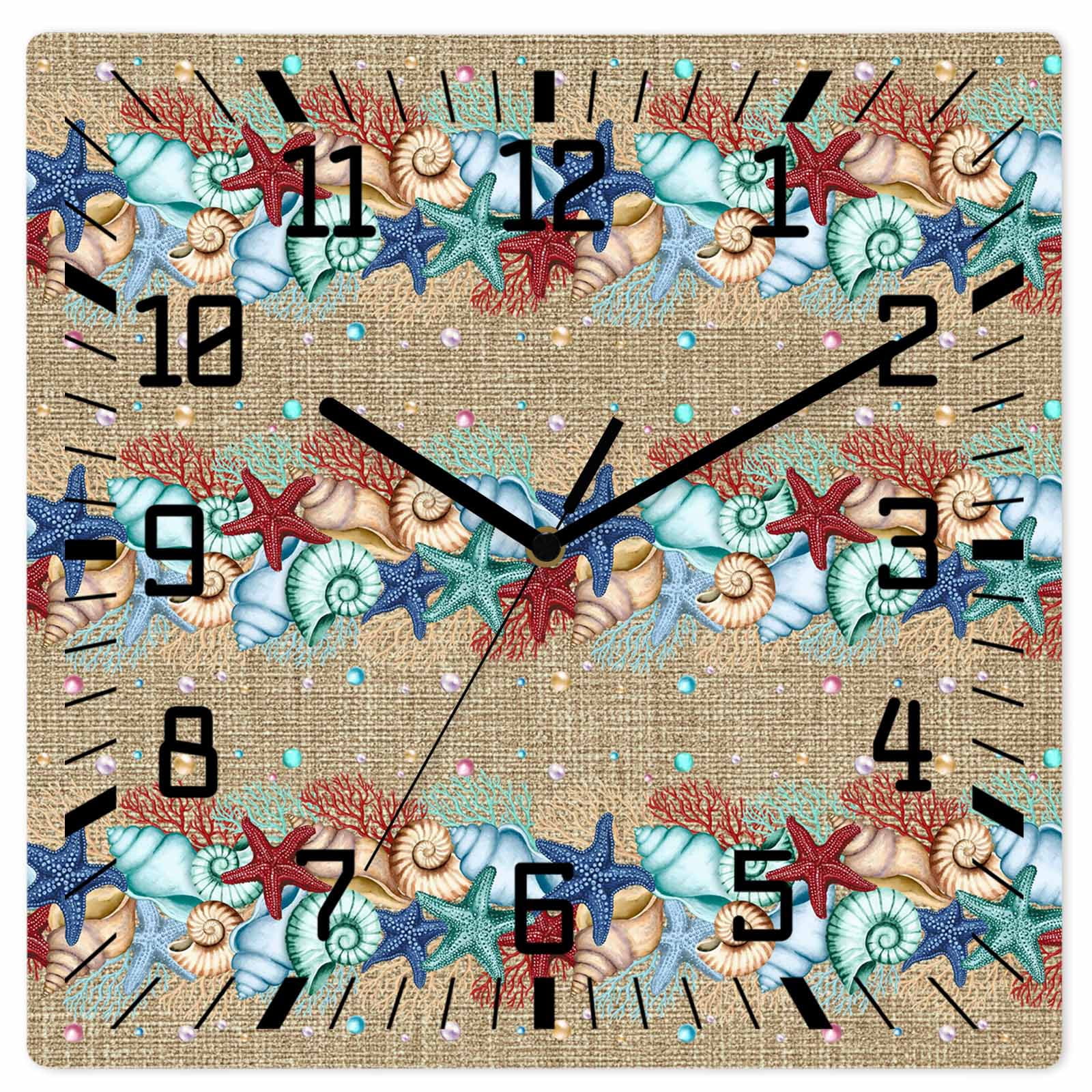 Blue Starfish Conch Wooden Wall Clock Silent Non Ticking, Ocean Coral ...