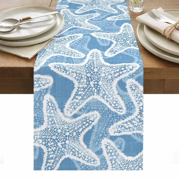 Blue Starfish Cotton Linen Table Runner Coastal Summer Ocean Beach ...