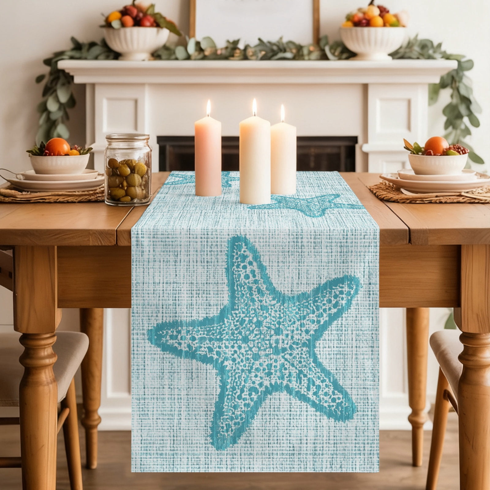 Blue Starfish Dining Table Runner, Marine Life Ocean Linen Texture ...