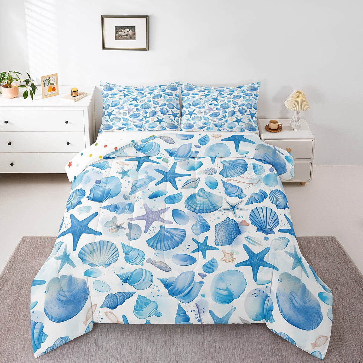 Blue Starfish King Size Comforter Set, Marine Life Ocean Bed Set, Cute ...