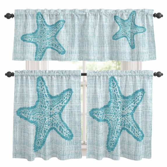 Blue Starfish Kitchen Curtains Set for Windows, Marine Life Ocean Linen ...