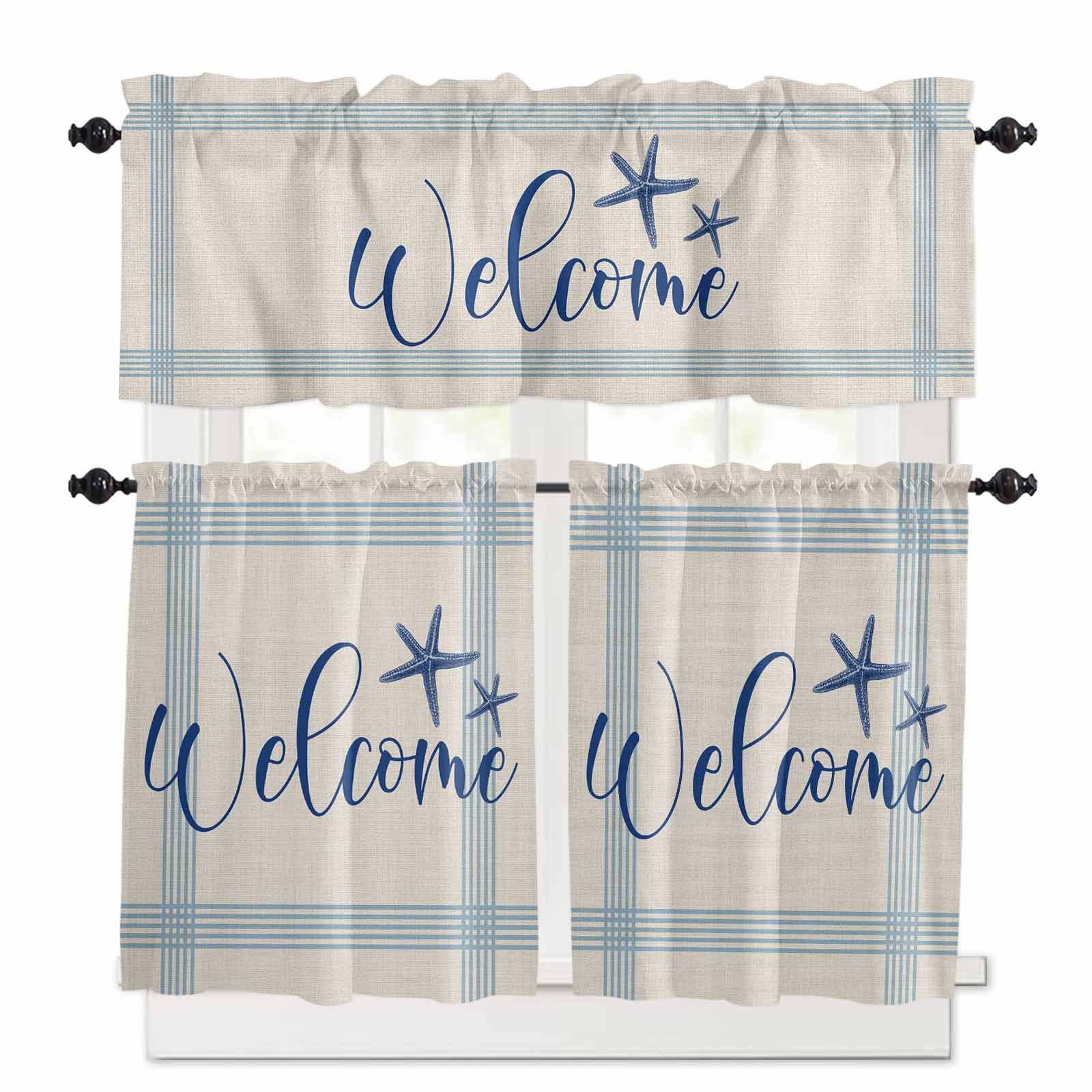 Blue Starfish Kitchen Curtains Valance and Tier Set Welcome Stripe ...