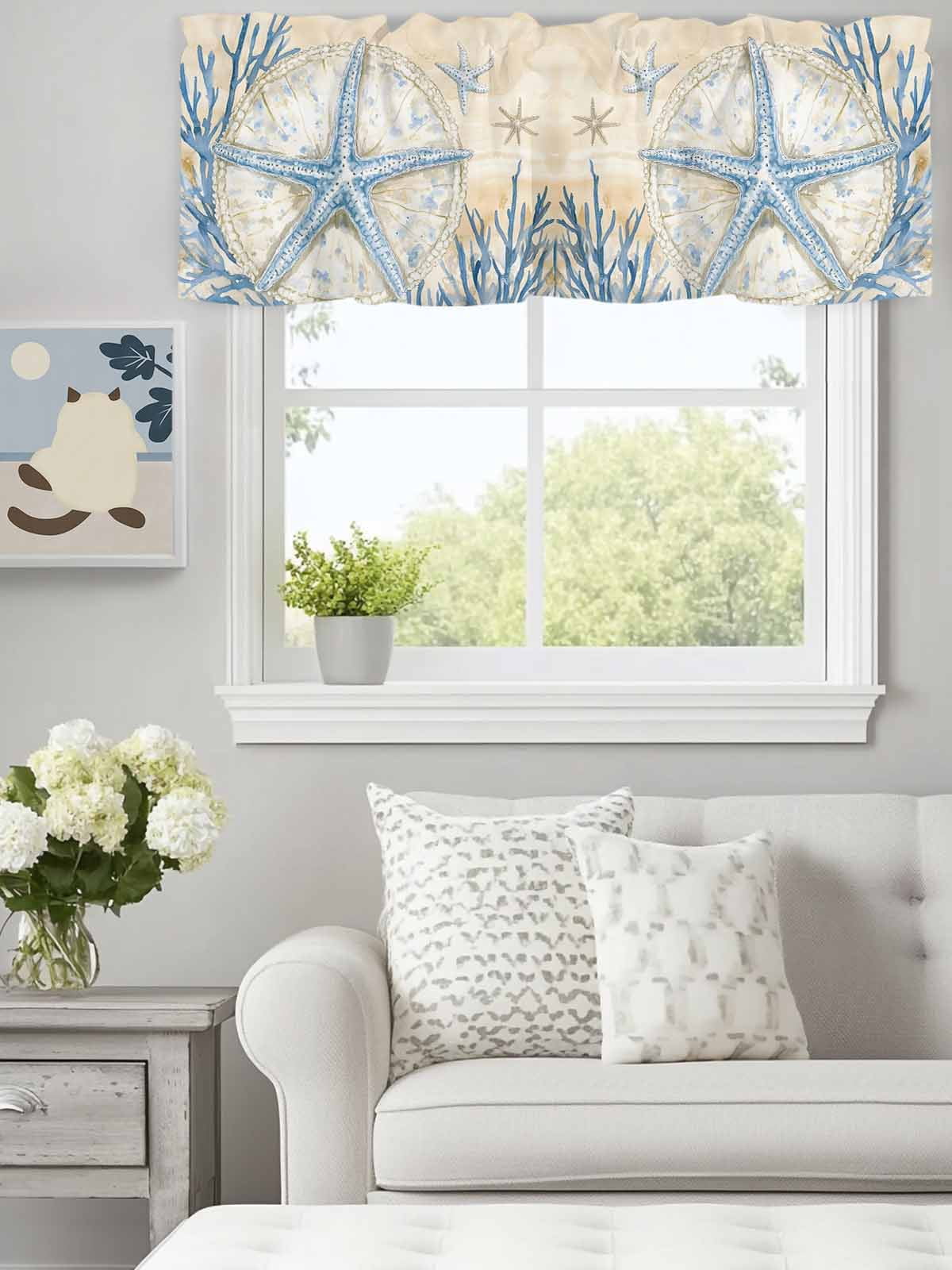 Blue Starfish Ocean Shell Coral Valances for Windows,Rod Pocket Valance ...