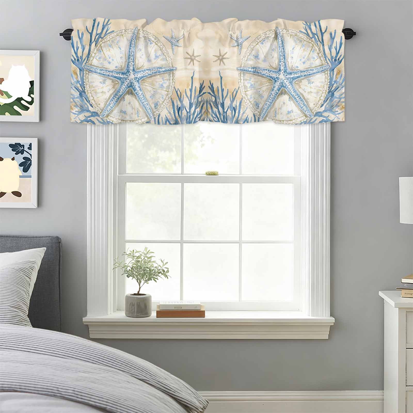Blue Starfish Ocean Shell Coral Valances for Windows,Rod Pocket Valance ...