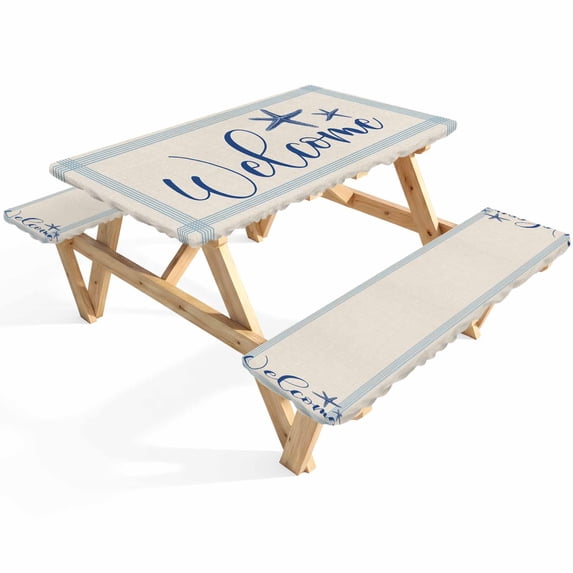 Blue Starfish Picnic Table Cover with Bench Covers Welcome Stripe ...