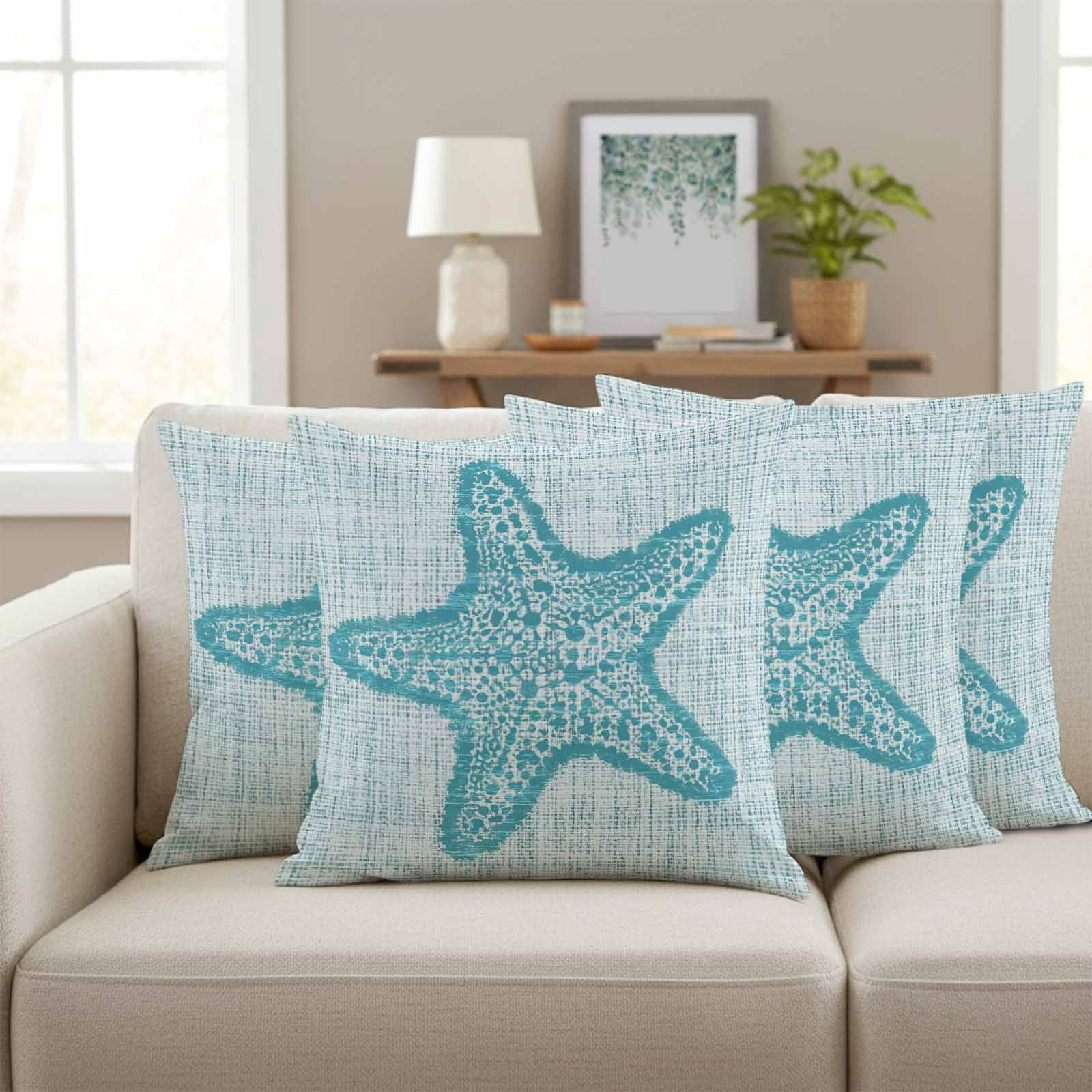 Blue Starfish Pillow Covers Set of 4, Marine Life Ocean Linen Texture ...