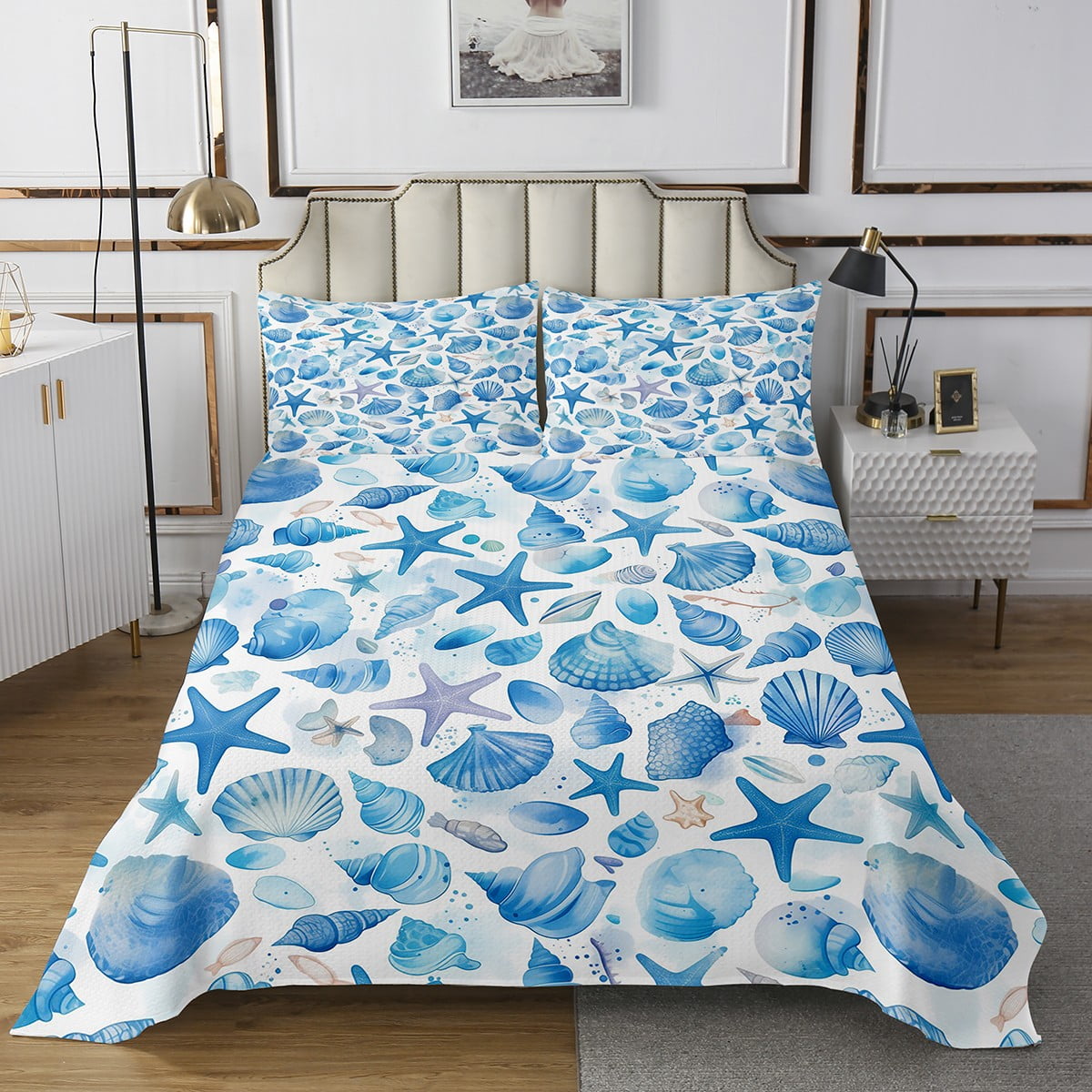 Blue Starfish Queen Bedspread Set, Marine Life Ocean Cozy Quilt Set ...