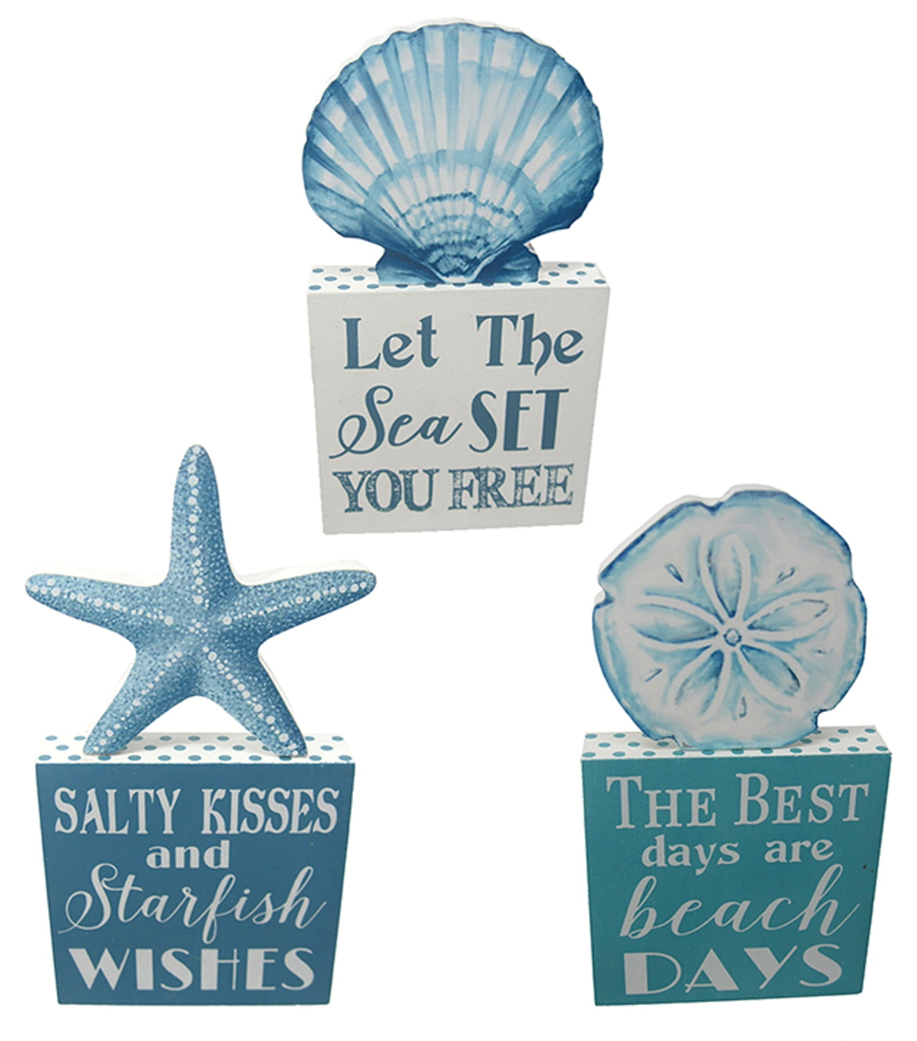 Blue Starfish Scallop and Sand Dollar Shells Tier Tray Block Signs Set ...