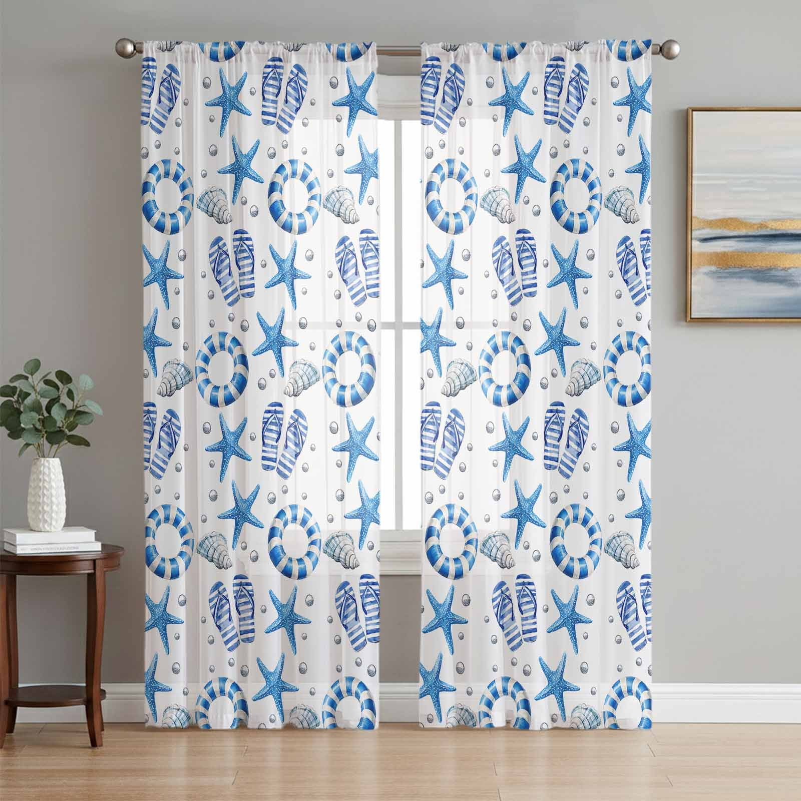 Blue Starfish Sheer Curtains 63 Inch Length 2 Panels Set, Swimming Ring ...