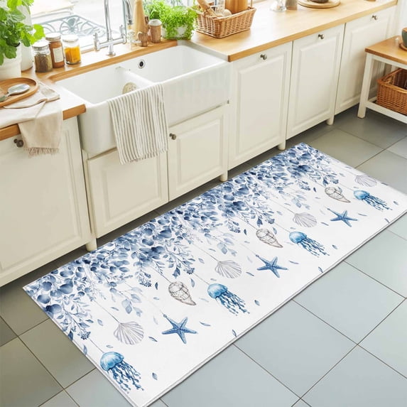 Blue Starfish Shell Jellyfish Rectangle Rug 2'x6' Gradient Eucalyptus ...