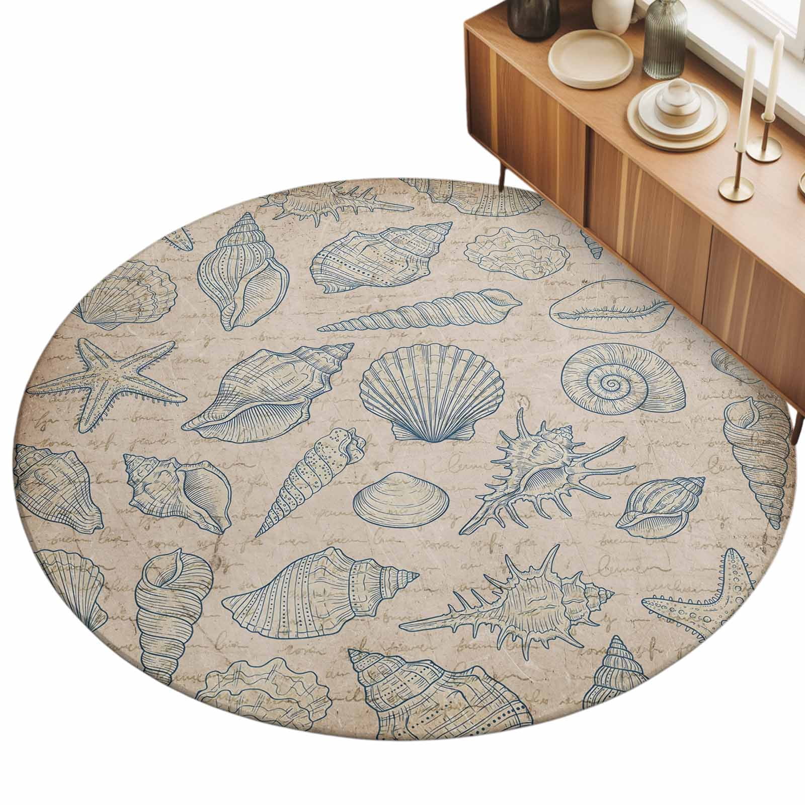 Blue Starfish Shells Conch 3.3ft Non Slip Round Area Rug Coastal ...