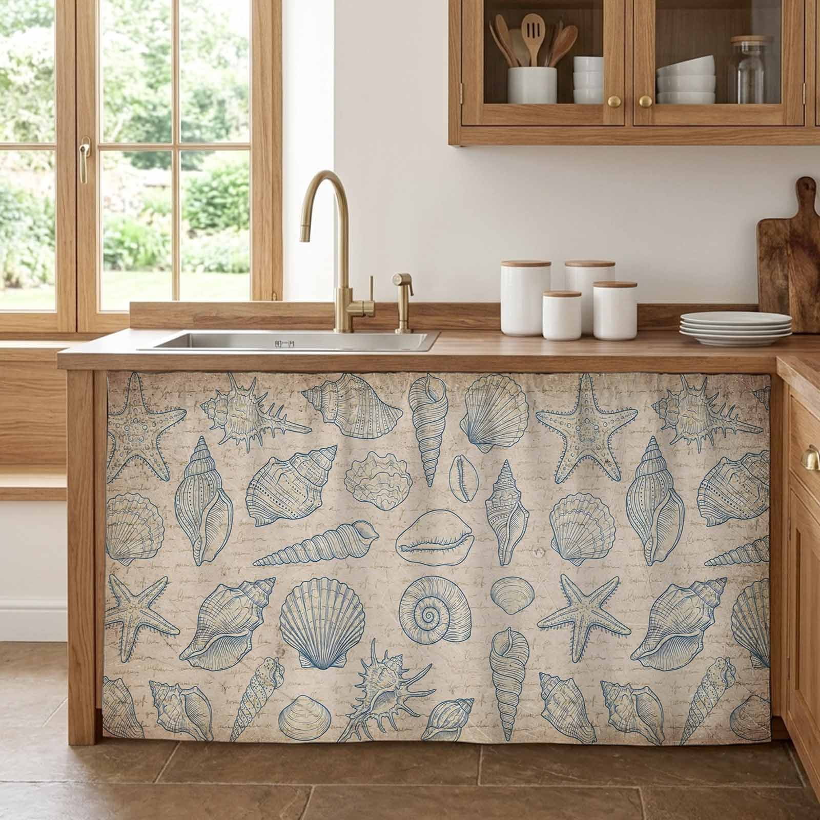 Blue Starfish Shells Conch Cabinet Curtains for Kitchen 28"W x 51"L ...