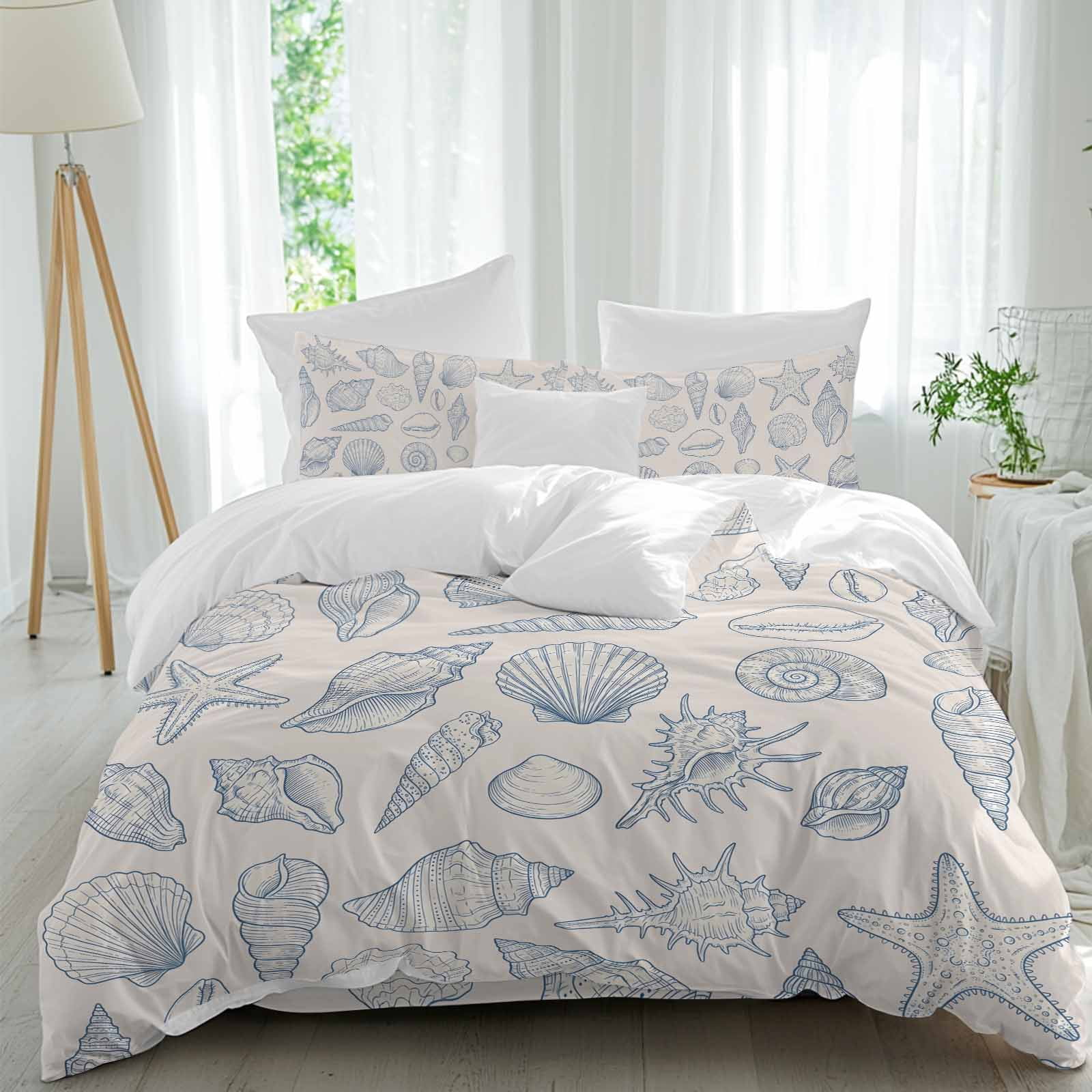 Blue Starfish Shells Conch Comforter Set Queen Size, Coastal Summer ...
