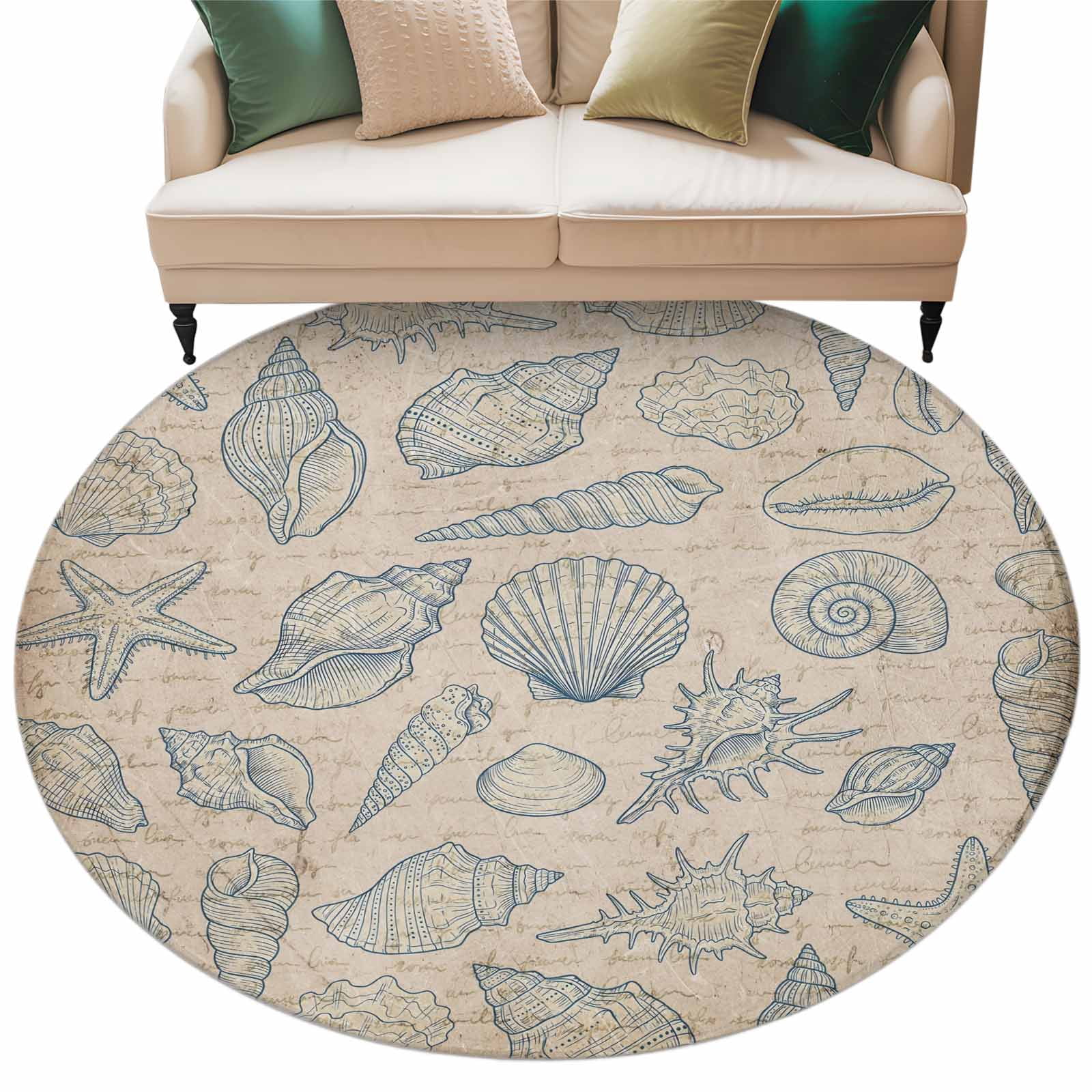 Blue Starfish Shells Conch Round Area Rug 5 ft Coastal Vintage Paper ...
