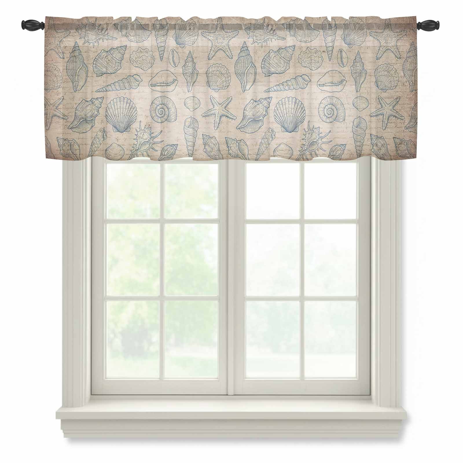 Blue Starfish Shells Conch Sheer Valances for Windows, Coastal Vintage ...