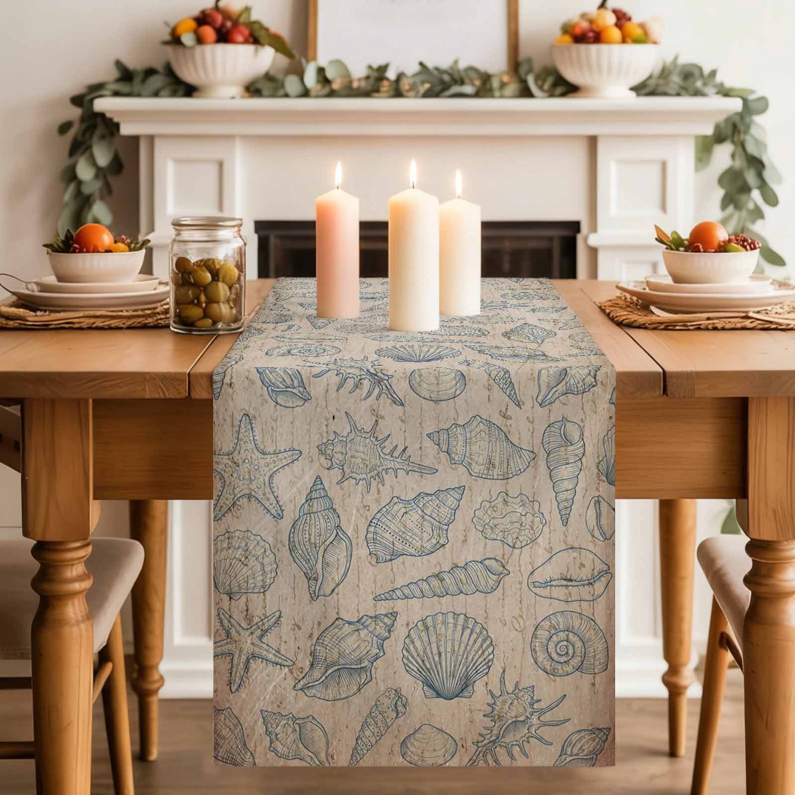 Blue Starfish Shells Conch Table Runner, Coastal Vintage Paper ...