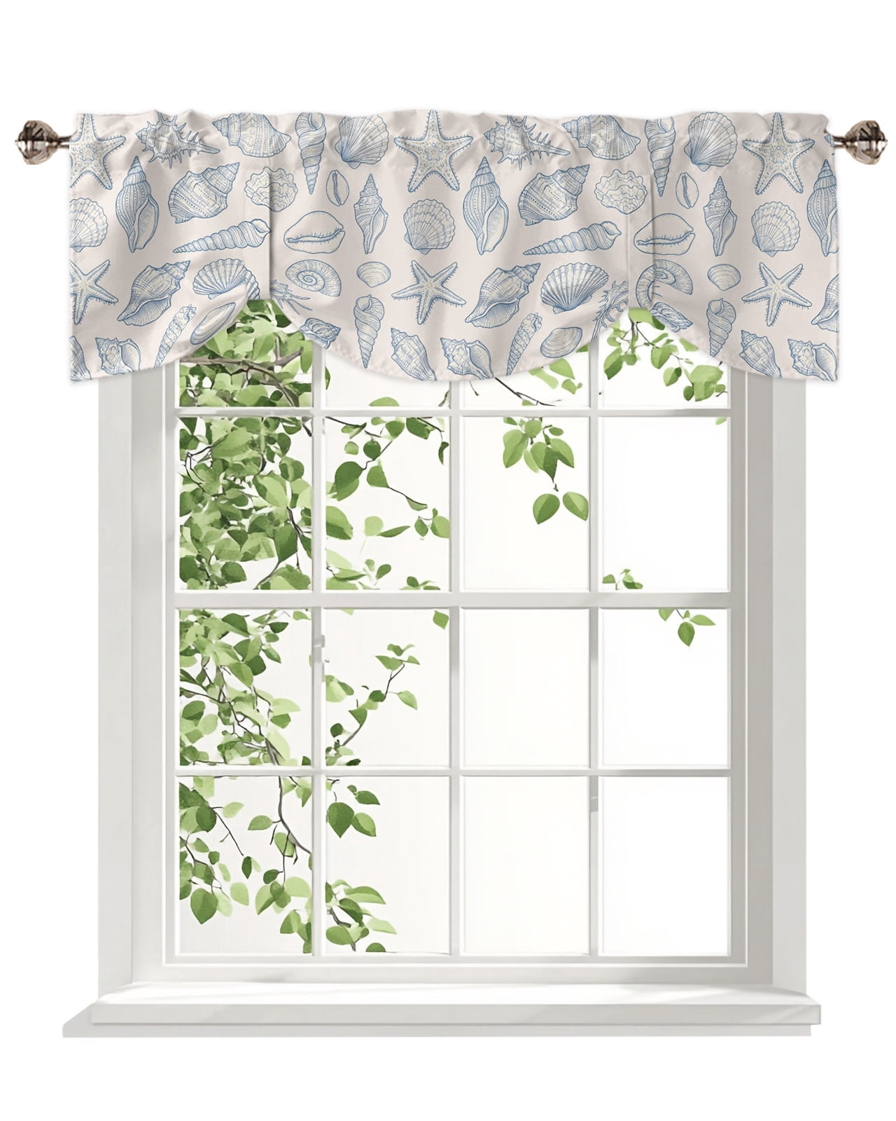 Blue Starfish Shells Conch Tie Up Valances Curtain, Coastal Summer ...