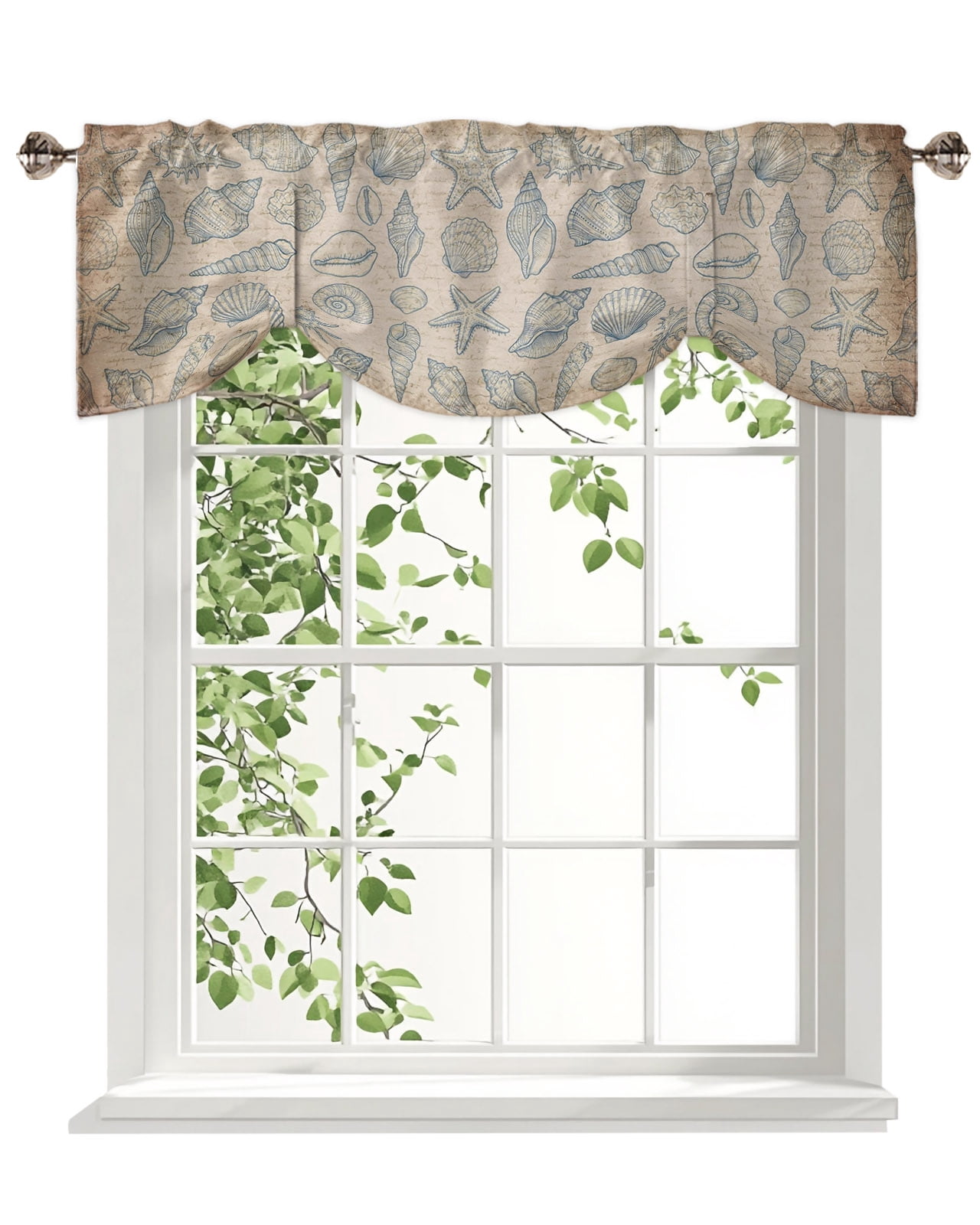 Blue Starfish Shells Conch Tie Up Valances Curtain, Coastal Vintage ...