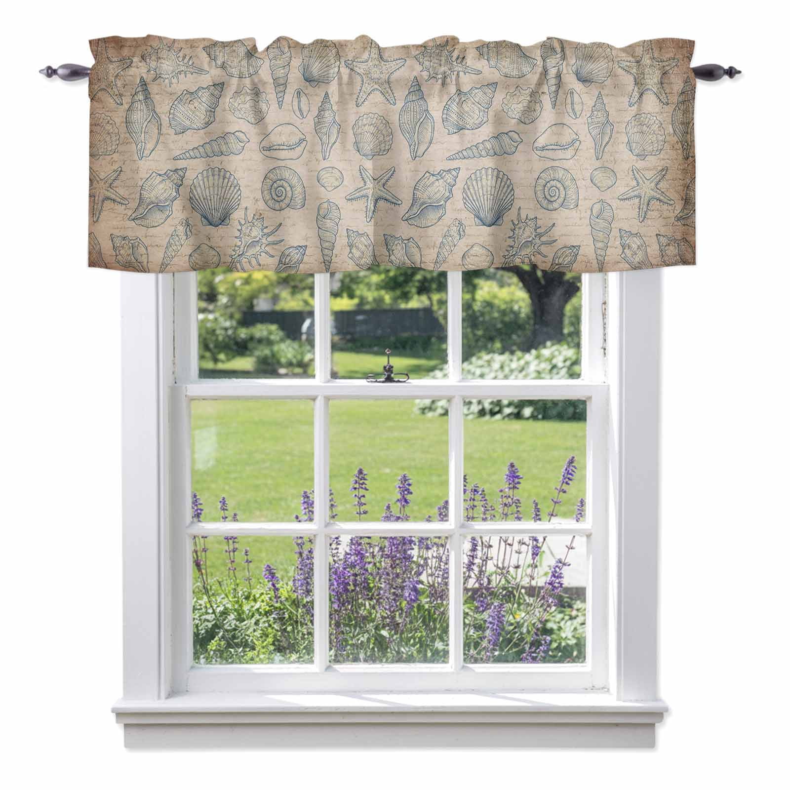Blue Starfish Shells Conch Valances for Windows Coastal Vintage Paper ...