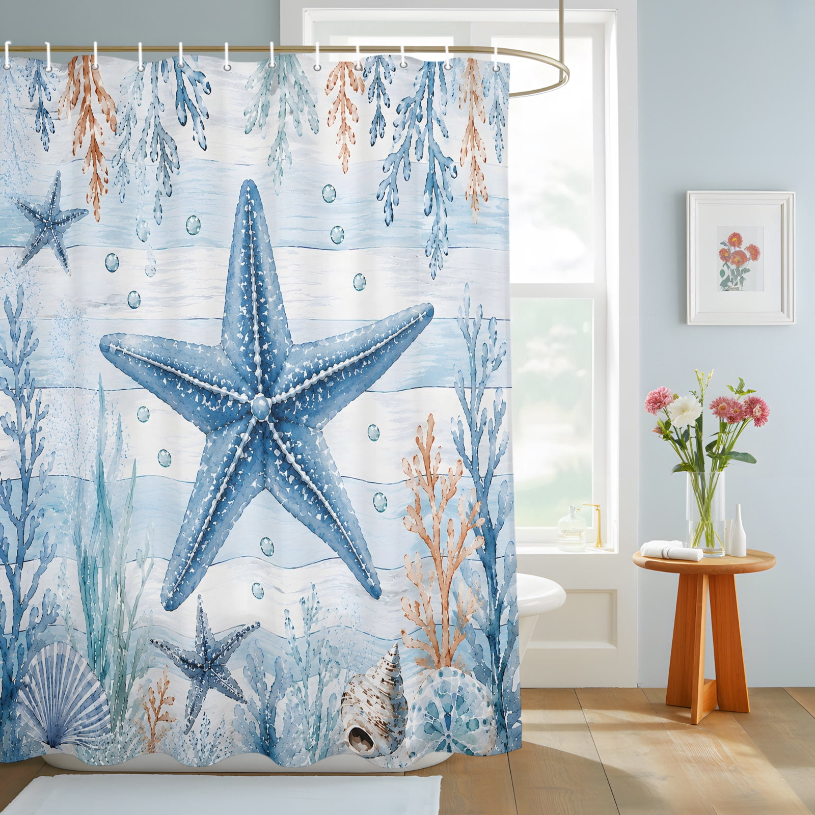 Blue Starfish Shower Curtain, Nautical Coastal Shell Bubble Wood Rustic ...