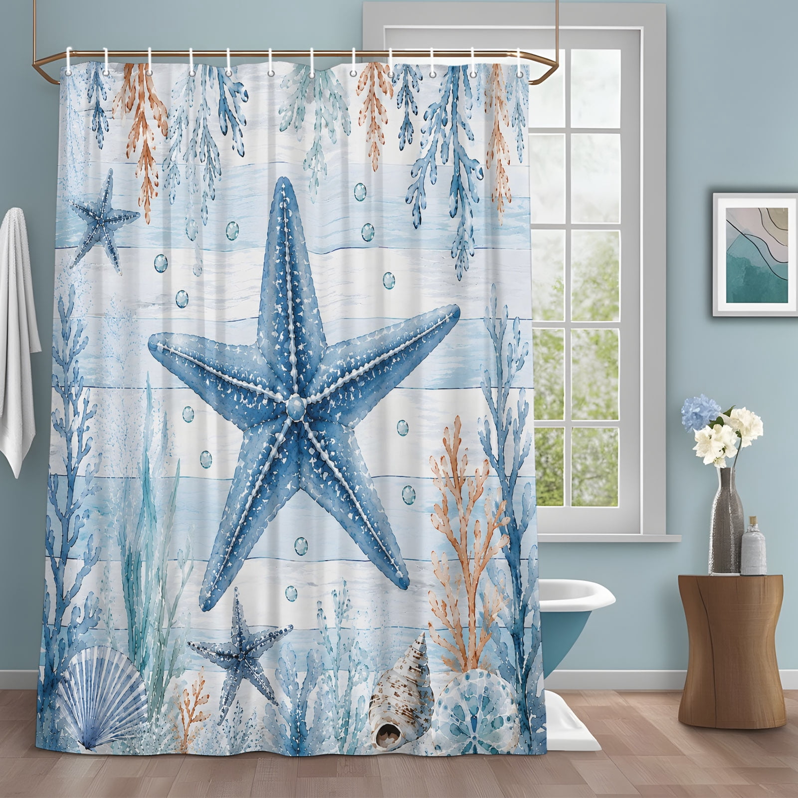 Blue Starfish Shower Curtain Set with Hooks, Nautical Coastal Shell ...