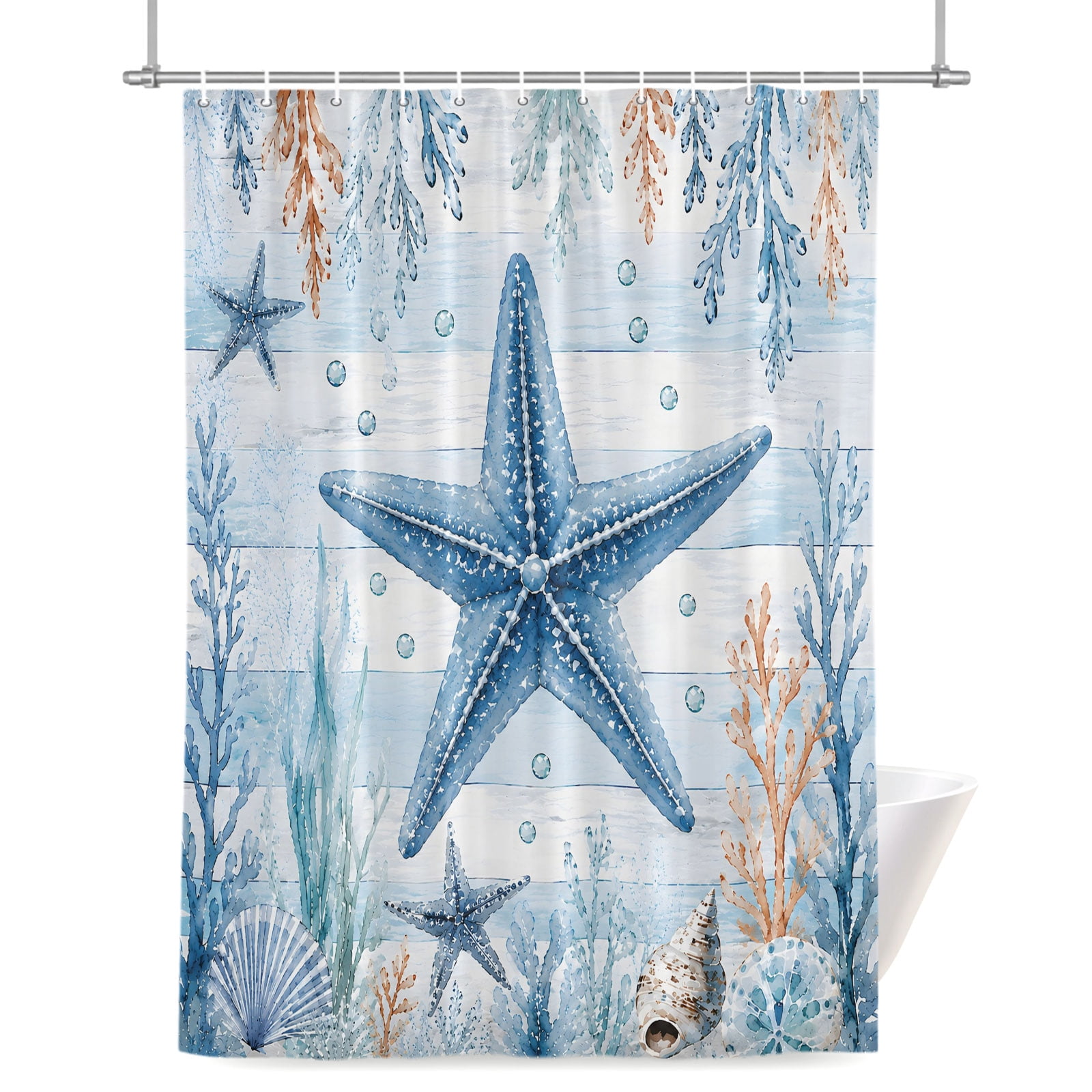Blue Starfish Shower Curtains for Bathroom, Nautical Coastal Shell ...