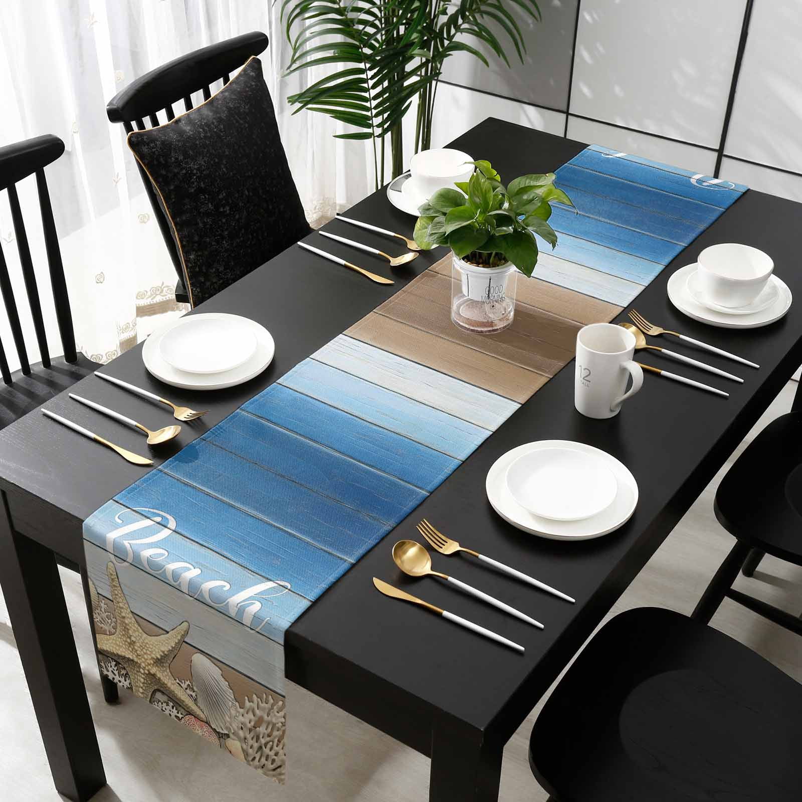 Blue Starfish Table Runner 108 Inches Long,Coastal Coral Ocean Ombre ...