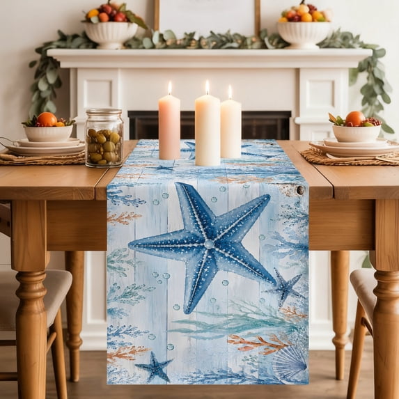 Blue Starfish Table Runner, Nautical Coastal Shell Bubble Wood Rustic ...