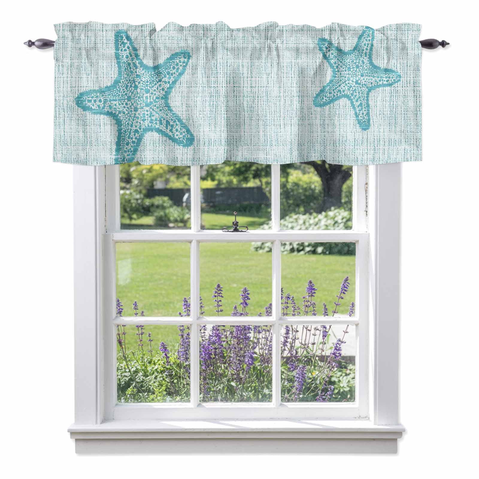 Blue Starfish Valances for Windows, Marine Life Ocean Linen Texture ...