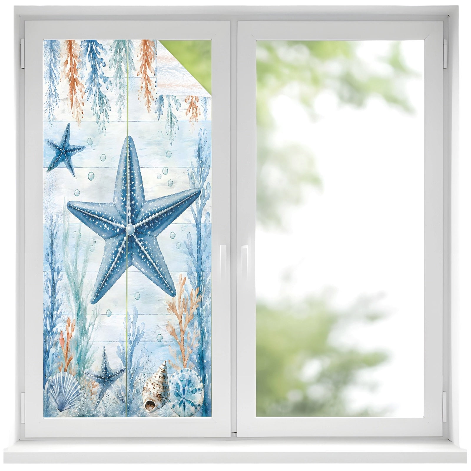Blue Starfish Window Privacy Film, Nautical Coastal Shell Bubble Wood ...