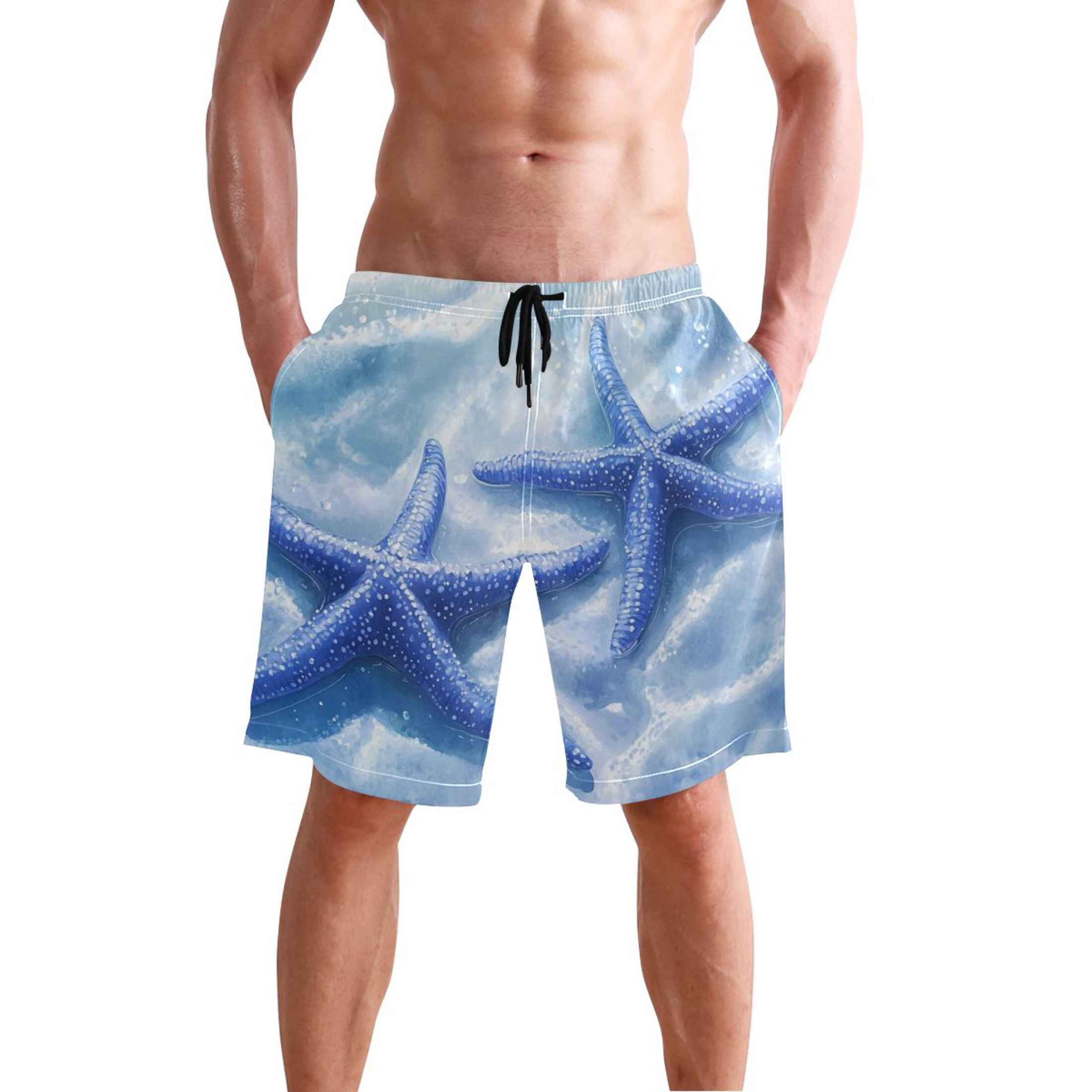 Blue Starfishes on Ocean Floor Men's Swim Trunks Beach Shorts Bathing ...